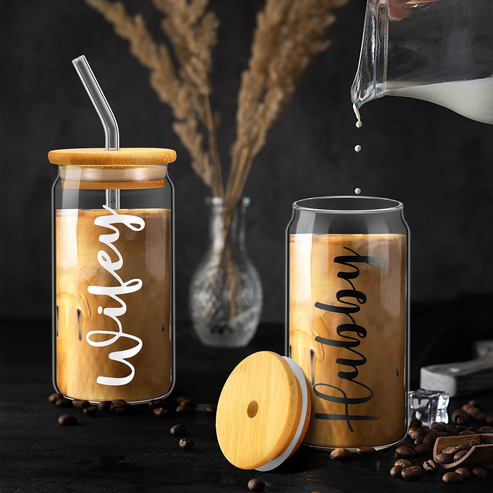 2 Pcs Hubby and Wifey Drinking Glasses 16 oz Beer Cup with Bamboo Lids and Glass Straws Bridal Shower Gift Can Shaped Iced Coffee Cup Glass Tumbler Engagement Gifts for Women Drinking Jars