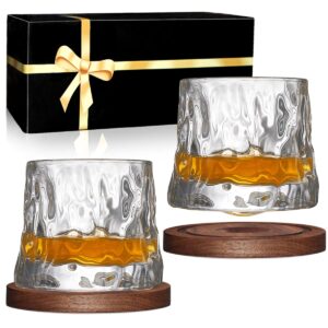 bolesta whiskey glasses set of 2, rotatable tumbler crystal glass cups, drinking glasses with 2pcs creative walnut coasters and gift box - for scotch,bourbon,cocktails