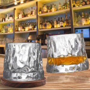 BOLESTA Whiskey Glasses Set of 2, Rotatable Tumbler Crystal Glass Cups, Drinking Glasses with 2Pcs Creative Walnut Coasters and Gift Box - for Scotch,Bourbon,Cocktails