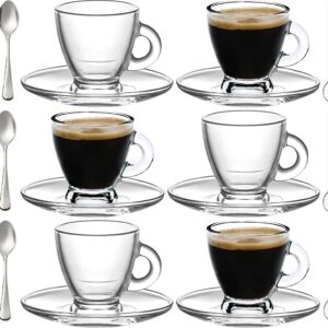 BOHEM'S Espresso Cups, 3.2 oz Small Demitasse Clear Glass Espresso Drinkware, Set Of Cups, Saucers and Stainless Steel mini Spoons + Free Glass Spoons (Set of 6)