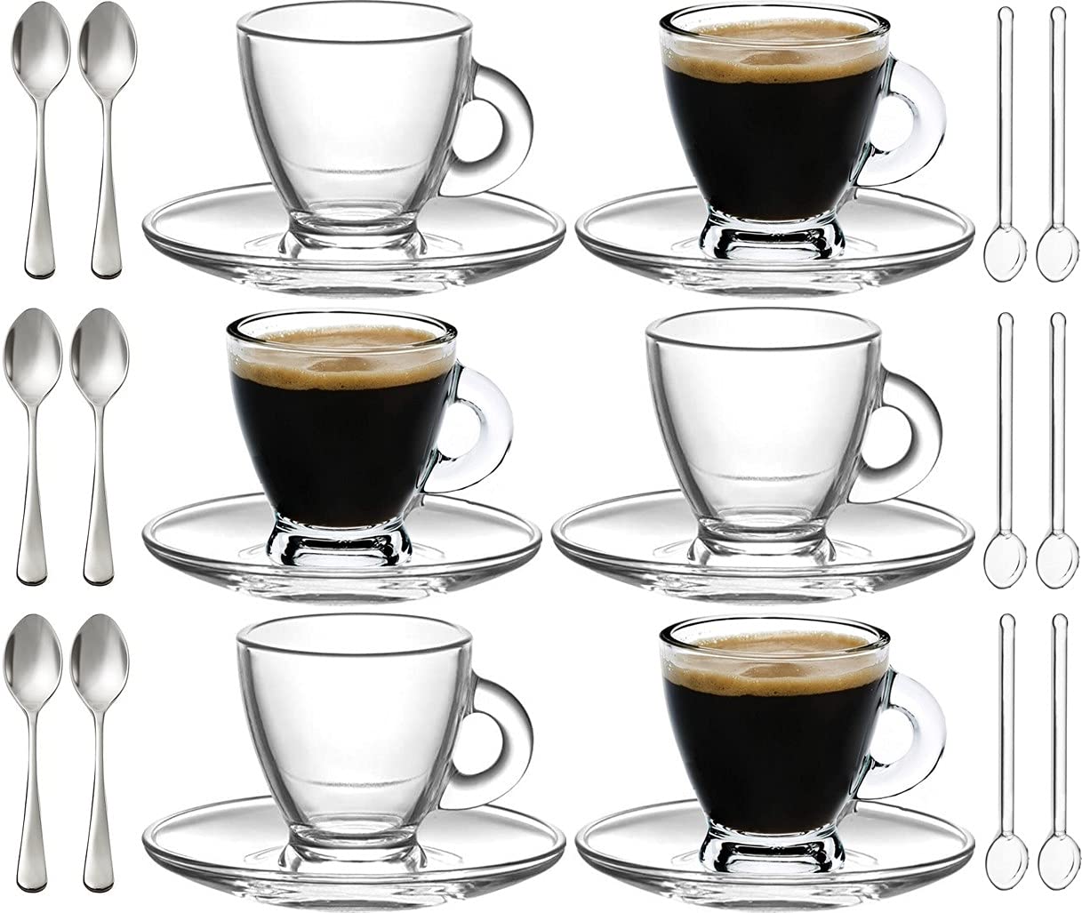 BOHEM'S Espresso Cups, 3.2 oz Small Demitasse Clear Glass Espresso Drinkware, Set Of Cups, Saucers and Stainless Steel mini Spoons + Free Glass Spoons (Set of 6)