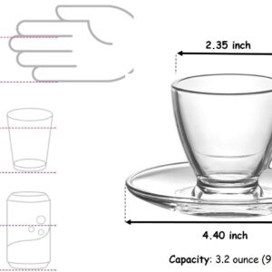 BOHEM'S Espresso Cups, 3.2 oz Small Demitasse Clear Glass Espresso Drinkware, Set Of Cups, Saucers and Stainless Steel mini Spoons + Free Glass Spoons (Set of 6)