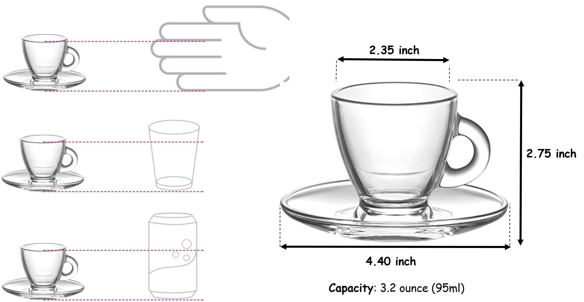 BOHEM'S Espresso Cups, 3.2 oz Small Demitasse Clear Glass Espresso Drinkware, Set Of Cups, Saucers and Stainless Steel mini Spoons + Free Glass Spoons (Set of 6)