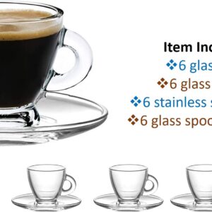 BOHEM'S Espresso Cups, 3.2 oz Small Demitasse Clear Glass Espresso Drinkware, Set Of Cups, Saucers and Stainless Steel mini Spoons + Free Glass Spoons (Set of 6)