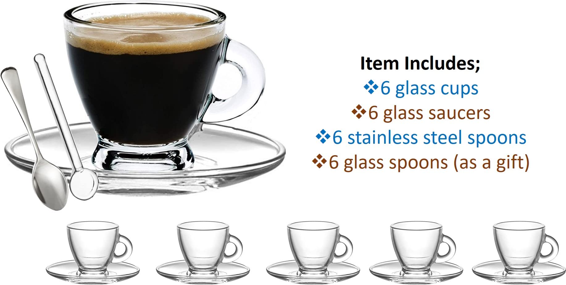 BOHEM'S Espresso Cups, 3.2 oz Small Demitasse Clear Glass Espresso Drinkware, Set Of Cups, Saucers and Stainless Steel mini Spoons + Free Glass Spoons (Set of 6)