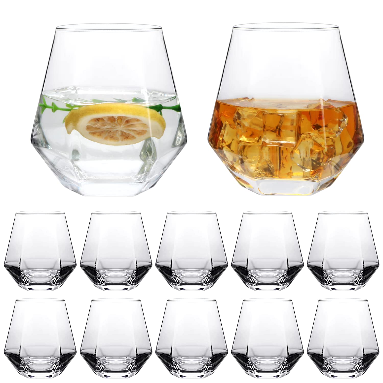 Ufrount Diamond Wine Glasses,Stemless Red Wine Glass Cups Set of 12,Geometric Clear 10 OZ Glassware White Wine Glass Tumblers for Cocktail,Bourbon,Whiskey,Birthday,Party