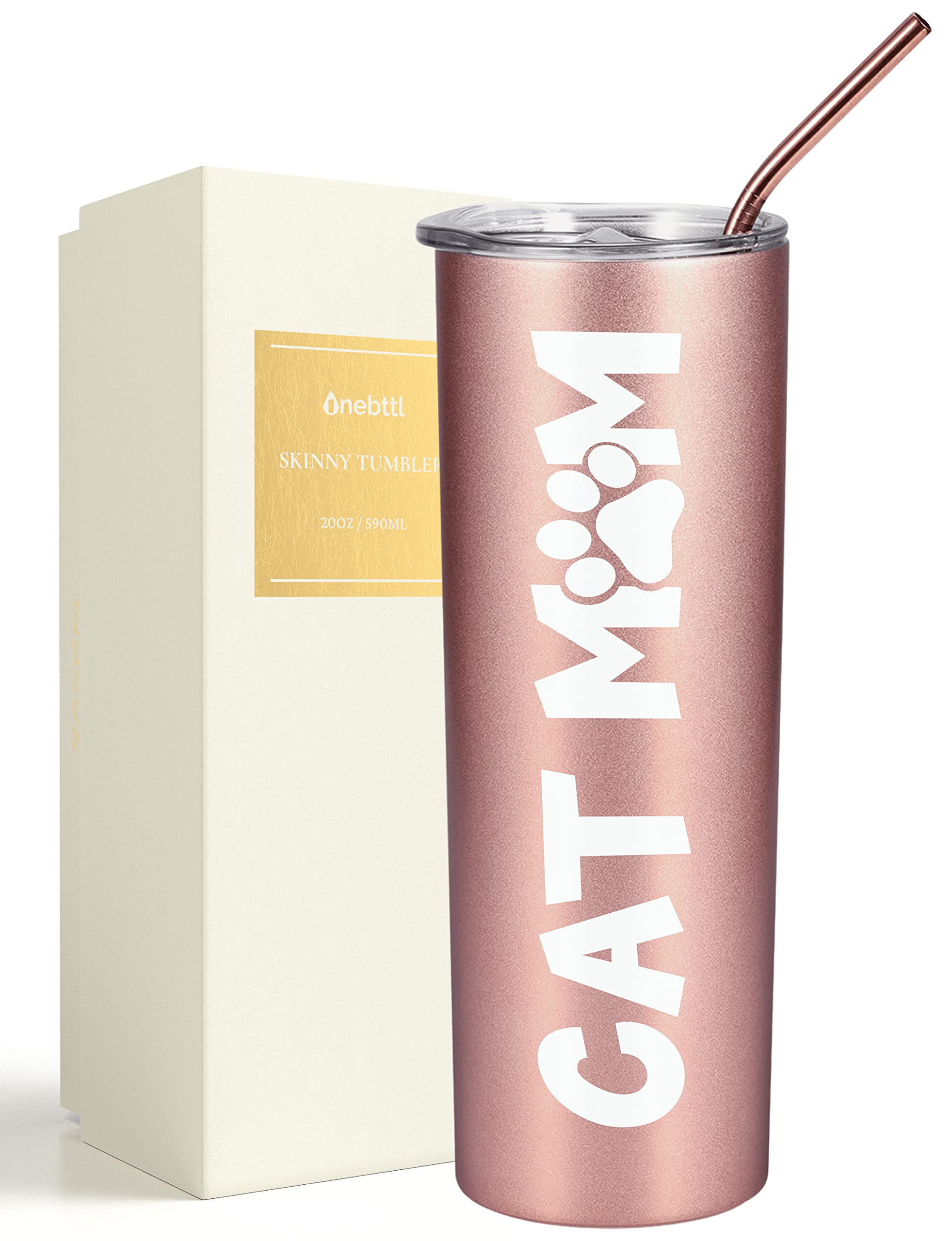 Onebttl Cat Gifts for Cat Lovers, Insulated Stainless Steel Tumblers with Lids and Straws, Crazy Cat Lady, Cat Mom Gifts for Birthday, Mother's Day, Christmas, 20 oz, Rose gold