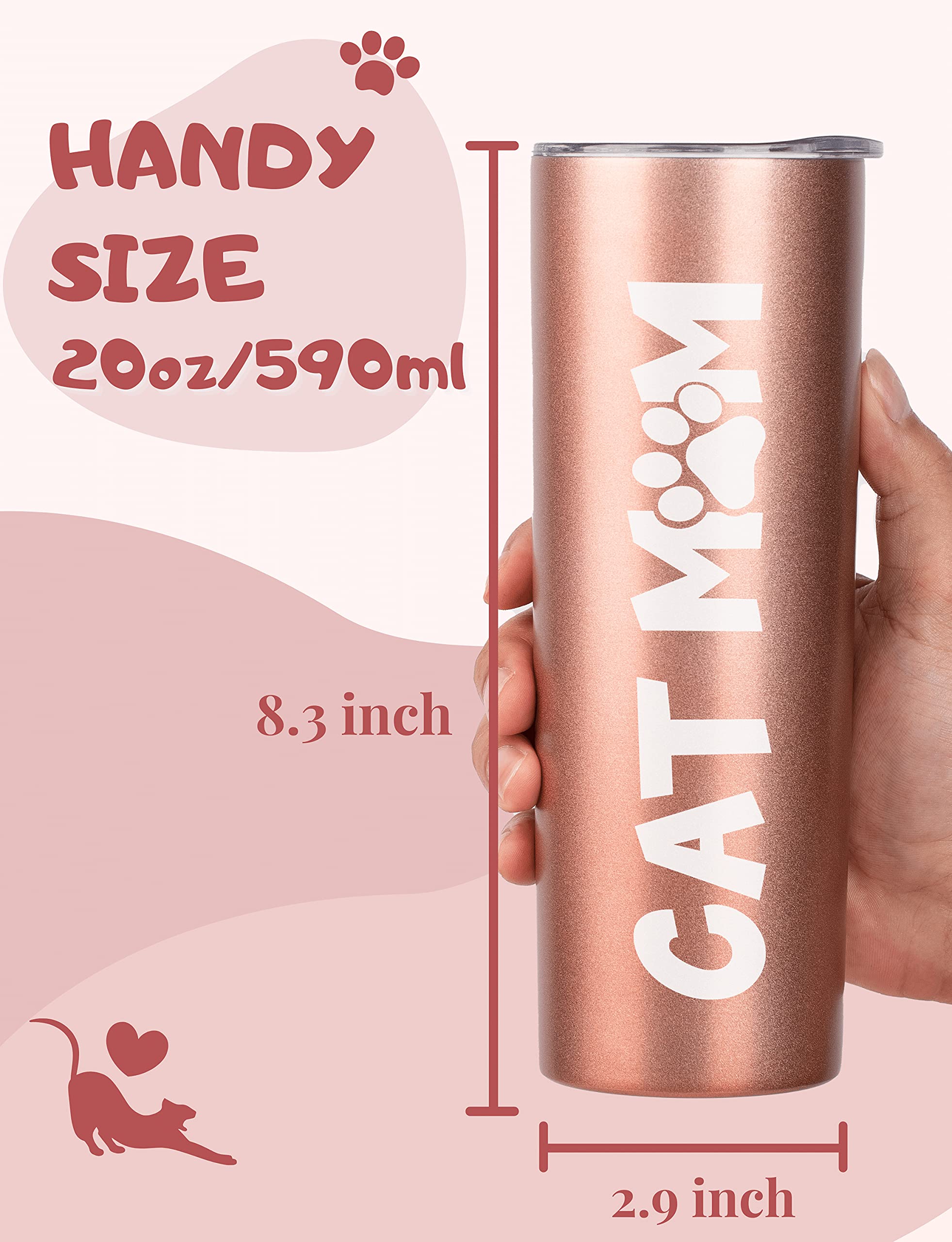 Onebttl Cat Gifts for Cat Lovers, Insulated Stainless Steel Tumblers with Lids and Straws, Crazy Cat Lady, Cat Mom Gifts for Birthday, Mother's Day, Christmas, 20 oz, Rose gold