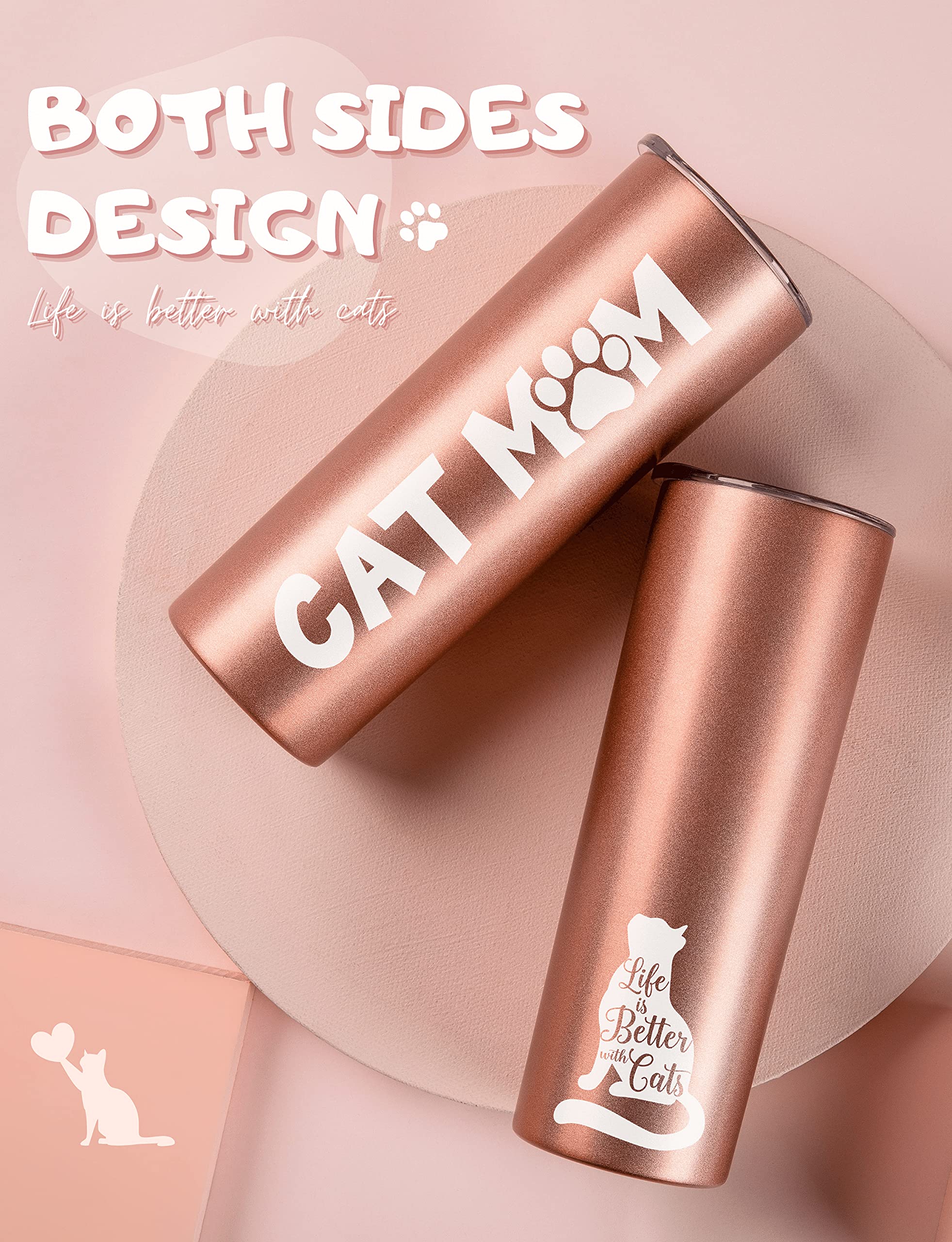 Onebttl Cat Gifts for Cat Lovers, Insulated Stainless Steel Tumblers with Lids and Straws, Crazy Cat Lady, Cat Mom Gifts for Birthday, Mother's Day, Christmas, 20 oz, Rose gold