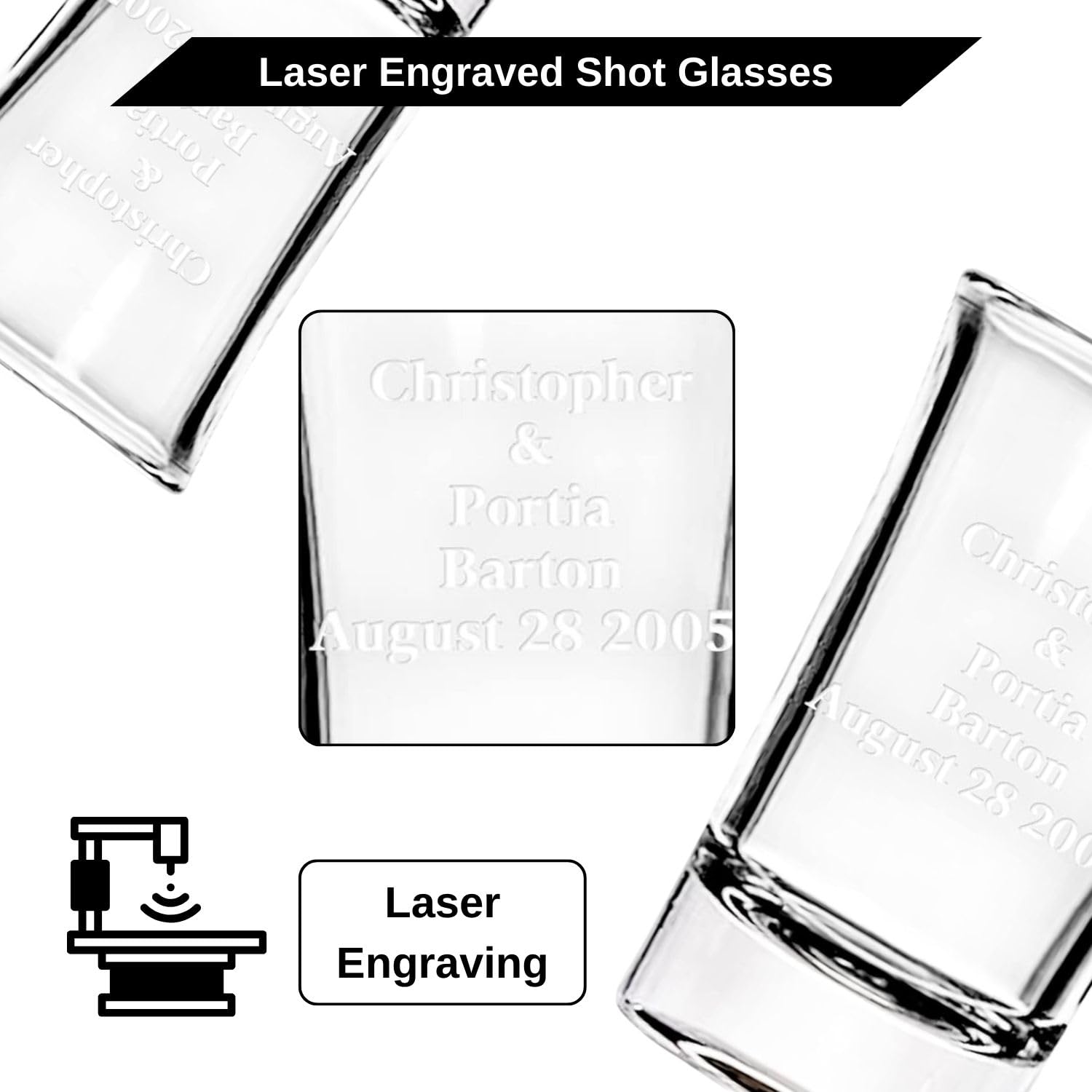 CKB Products - Set of 6 Personalized Shot Glasses, Laser-Etched Engraving, Customized Couples Gifts, House Warming Great for Wedding Favors, Bachelorette Party Decorations, Favors