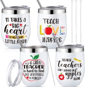 censen 4 pcs teacher appreciation gifts teacher wine tumbler with lid and straw brush 12 oz insulated stainless steel teacher tumbler teacher cup women teachers gifts wine mug for graduation birthday