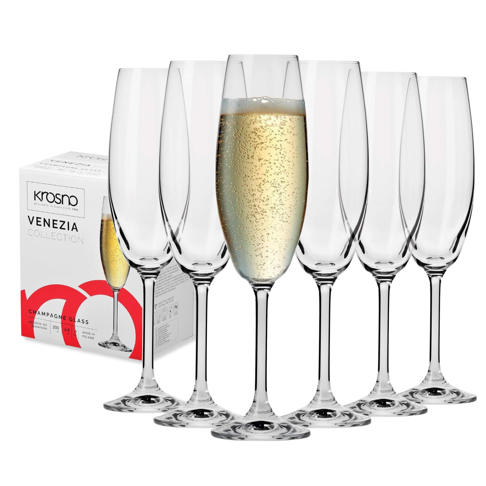 Krosno Crystal Champagne Flute Glasses | Set of 6 | 6.8 oz | Venezia Collection | Perfect for Home Restaurants and Parties | Dishwasher Safe | Gift Idea | Made in Europe