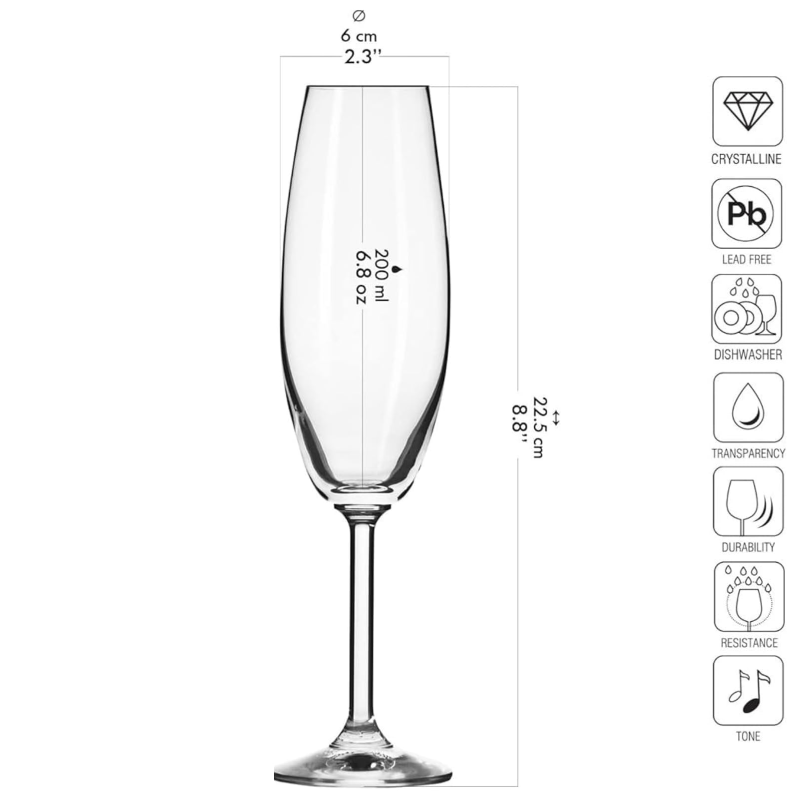 Krosno Crystal Champagne Flute Glasses | Set of 6 | 6.8 oz | Venezia Collection | Perfect for Home Restaurants and Parties | Dishwasher Safe | Gift Idea | Made in Europe