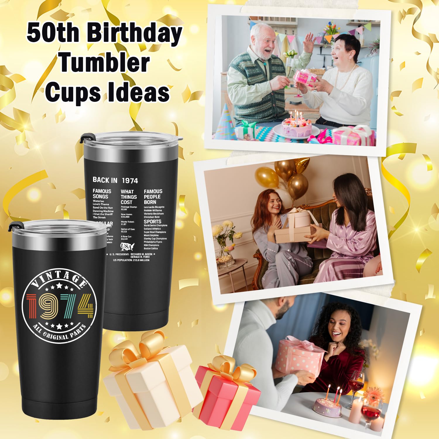 50th Birthday Gifts for Men Women Friends, Tumbler 20 oz Stainless Steel Vacuum Insulated Tumblers, Double Sided Printed Birthday Thermos cup, Back in 1974 Old Time Information - Black