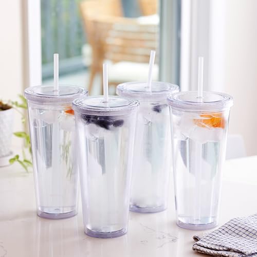 Zephyr Canyon 24oz Double Wall Plastic Tumblers with Lids and Straws | Large Classic Travel Tumbler | Clear Reusable Cups with Straws | BPA Free (Multicolor - 4 Pack)