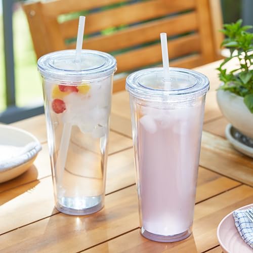 Zephyr Canyon 24oz Double Wall Plastic Tumblers with Lids and Straws | Large Classic Travel Tumbler | Clear Reusable Cups with Straws | BPA Free (Multicolor - 4 Pack)