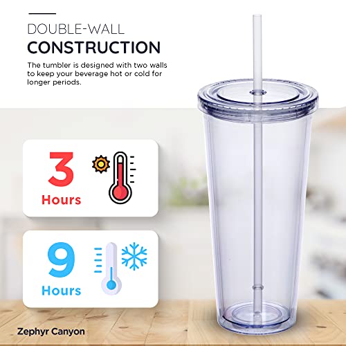 Zephyr Canyon 24oz Double Wall Plastic Tumblers with Lids and Straws | Large Classic Travel Tumbler | Clear Reusable Cups with Straws | BPA Free (Multicolor - 4 Pack)