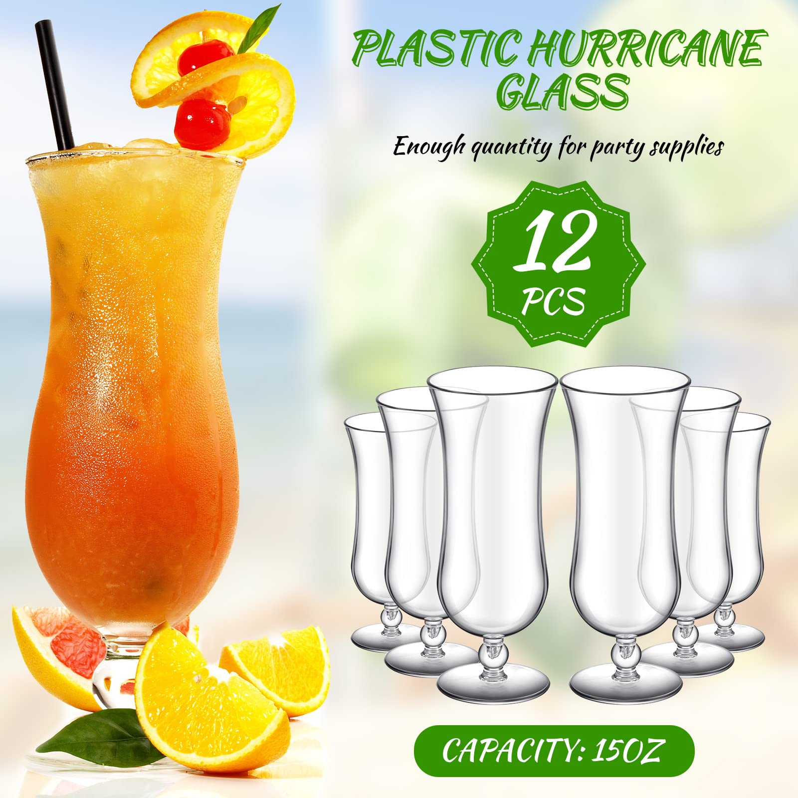 Lallisa Plastic Hurricane Glasses 15 oz Shatter Resistant Clear Plastic Pina Colada Cocktail Glasses Break Resistant Plastic Drinking Glasses Tulip Milkshake Cups for Beer Juice Margarita (12 Pcs)