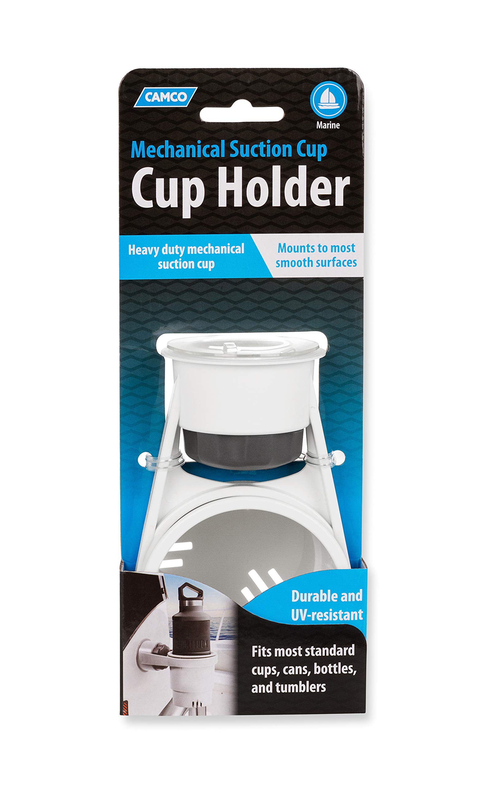 Camco Cup Holder with Mechanical Suction Cup - Provides a Secure Location for Your Beverage - Compatible with Most Cups, Cans, Bottles and Tumblers - White (53084),One Size