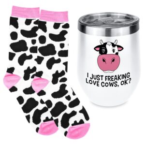 cow themed gifts- cow print tumbler cup gift for women with cow print socks- gift idea for cow lover- farm gifts for women (12 oz)