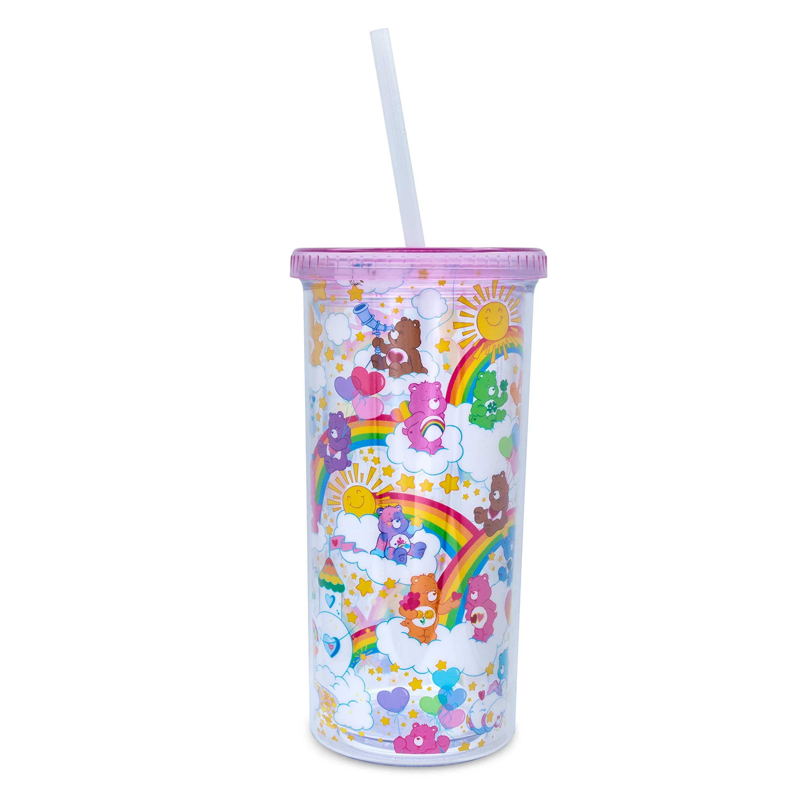 Silver Buffalo Care Bears Rainbow Stars Plastic Carnival Cup, Travel Tumbler With Lid and Reusable Straw | Holds 20 Ounces Yellow