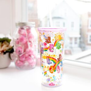 Silver Buffalo Care Bears Rainbow Stars Plastic Carnival Cup, Travel Tumbler With Lid and Reusable Straw | Holds 20 Ounces Yellow