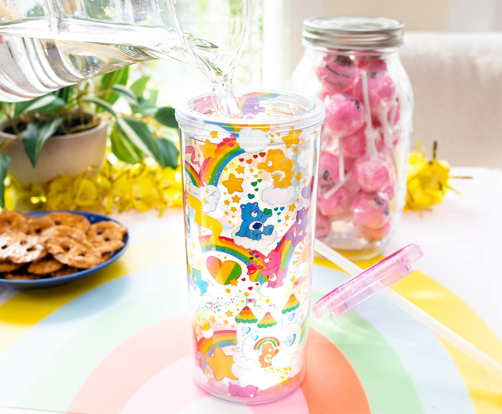 Silver Buffalo Care Bears Rainbow Stars Plastic Carnival Cup, Travel Tumbler With Lid and Reusable Straw | Holds 20 Ounces Yellow