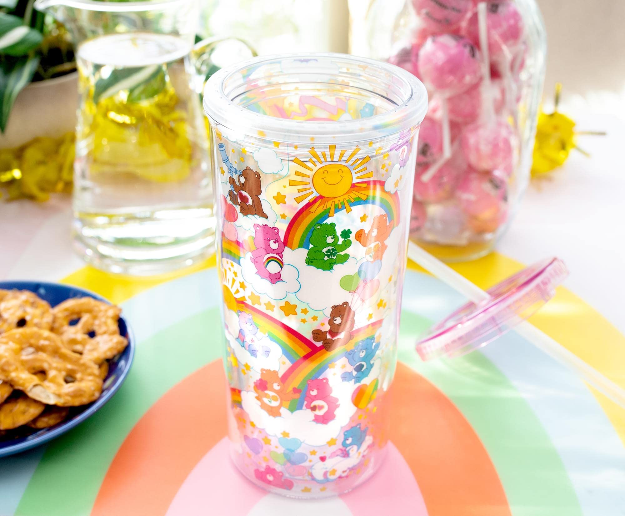 Silver Buffalo Care Bears Rainbow Stars Plastic Carnival Cup, Travel Tumbler With Lid and Reusable Straw | Holds 20 Ounces Yellow