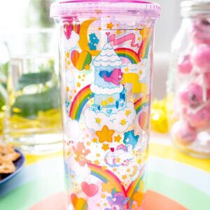 Silver Buffalo Care Bears Rainbow Stars Plastic Carnival Cup, Travel Tumbler With Lid and Reusable Straw | Holds 20 Ounces Yellow