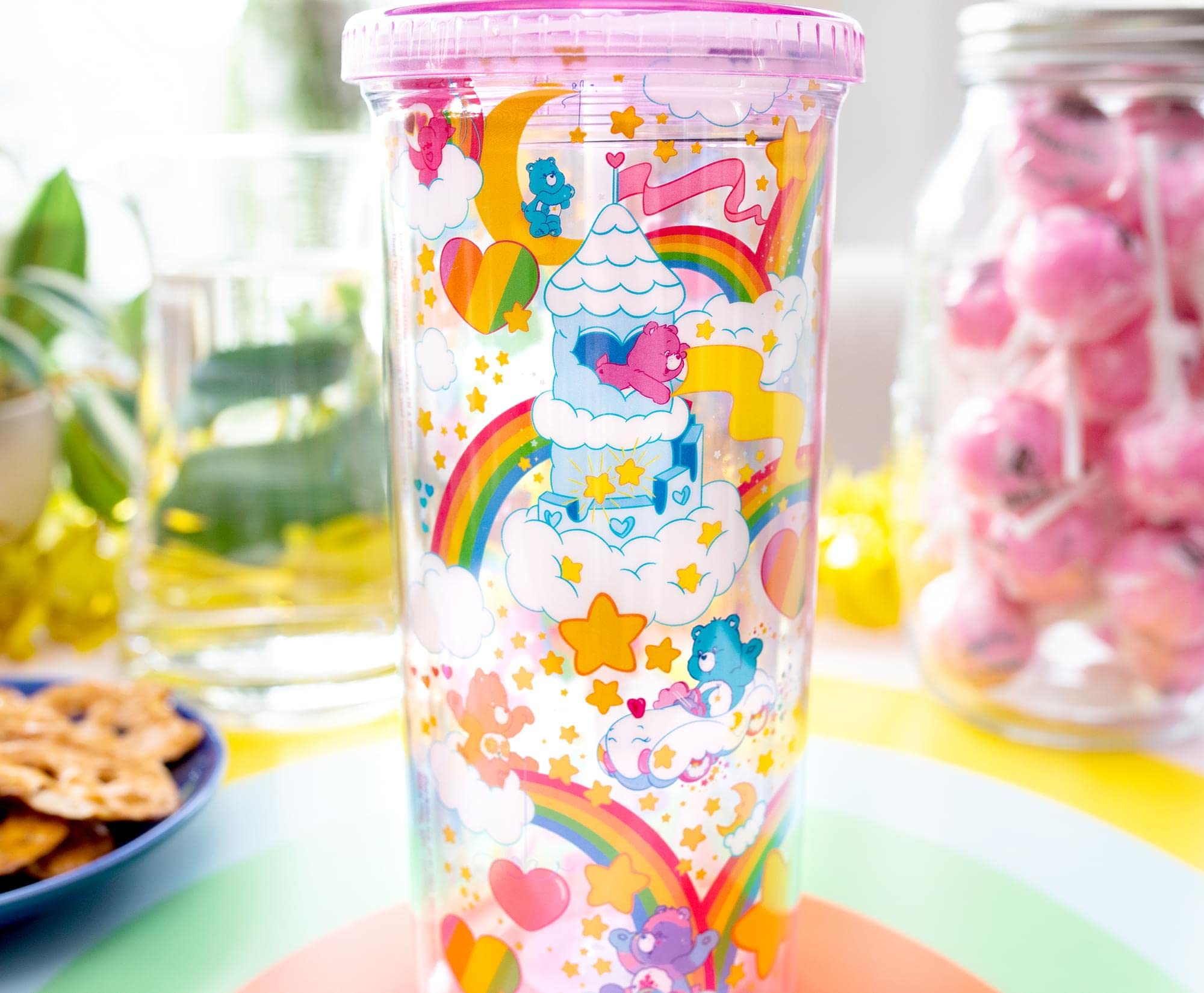 Silver Buffalo Care Bears Rainbow Stars Plastic Carnival Cup, Travel Tumbler With Lid and Reusable Straw | Holds 20 Ounces Yellow