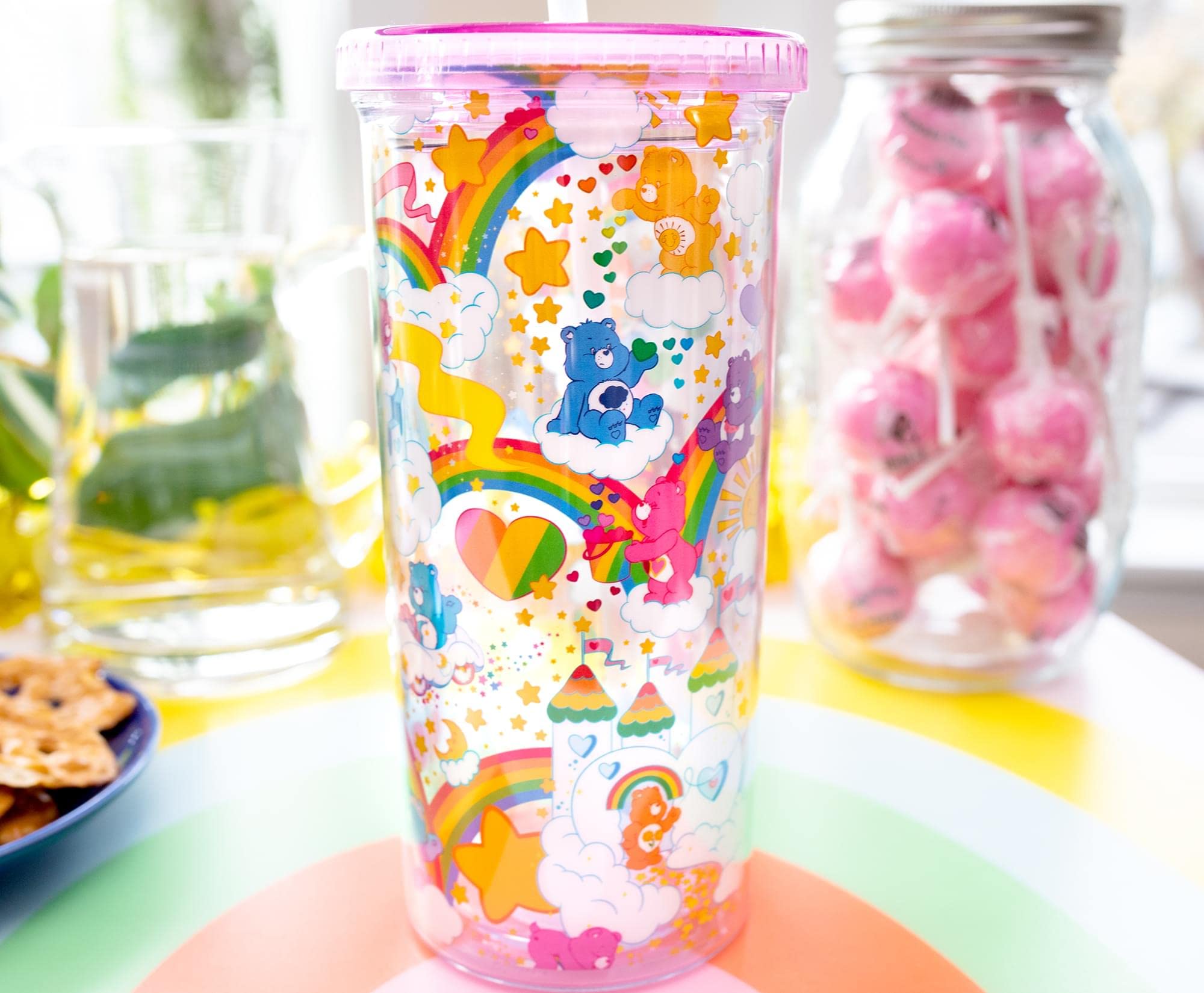 Silver Buffalo Care Bears Rainbow Stars Plastic Carnival Cup, Travel Tumbler With Lid and Reusable Straw | Holds 20 Ounces Yellow