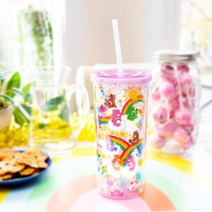 Silver Buffalo Care Bears Rainbow Stars Plastic Carnival Cup, Travel Tumbler With Lid and Reusable Straw | Holds 20 Ounces Yellow