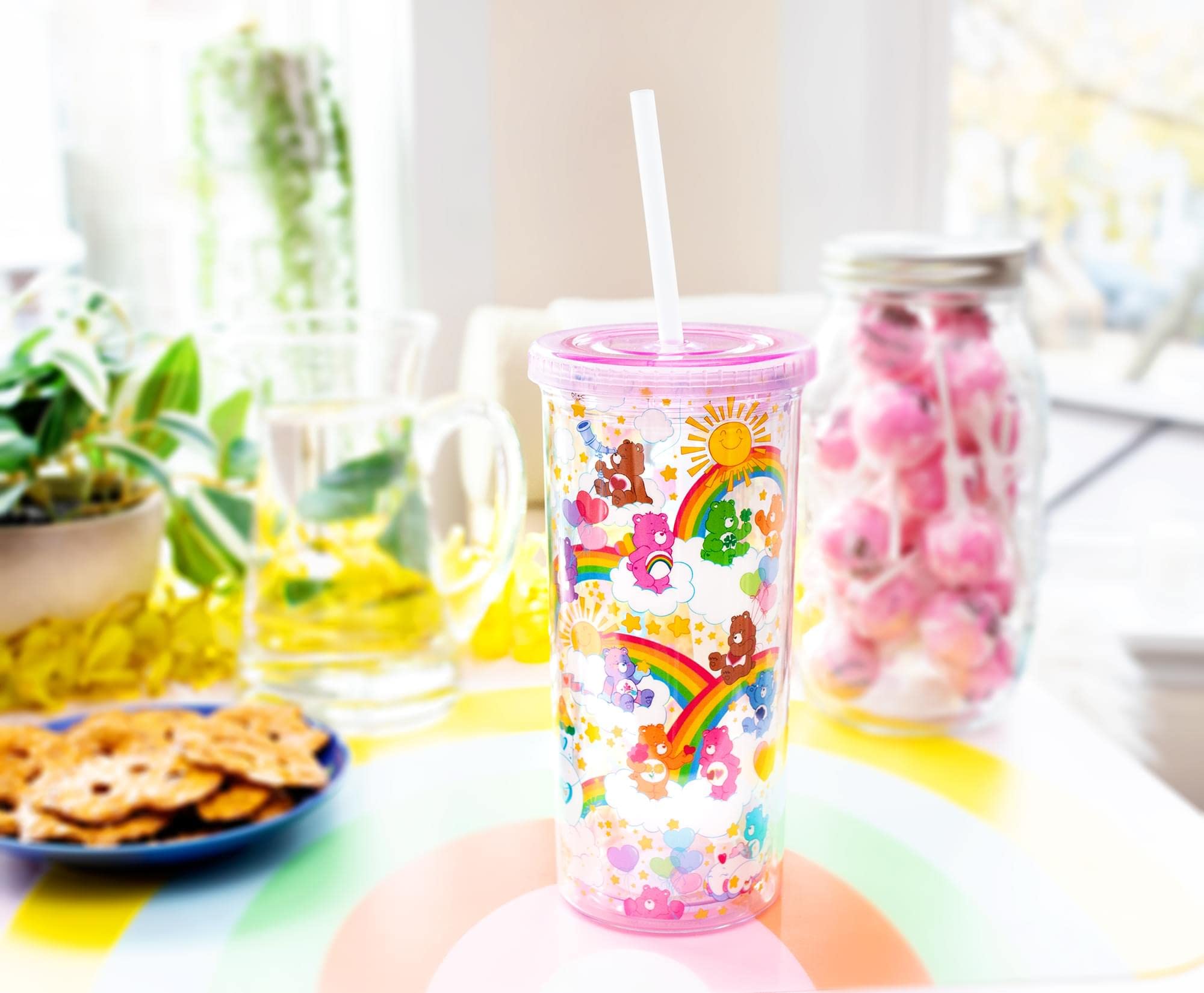 Silver Buffalo Care Bears Rainbow Stars Plastic Carnival Cup, Travel Tumbler With Lid and Reusable Straw | Holds 20 Ounces Yellow