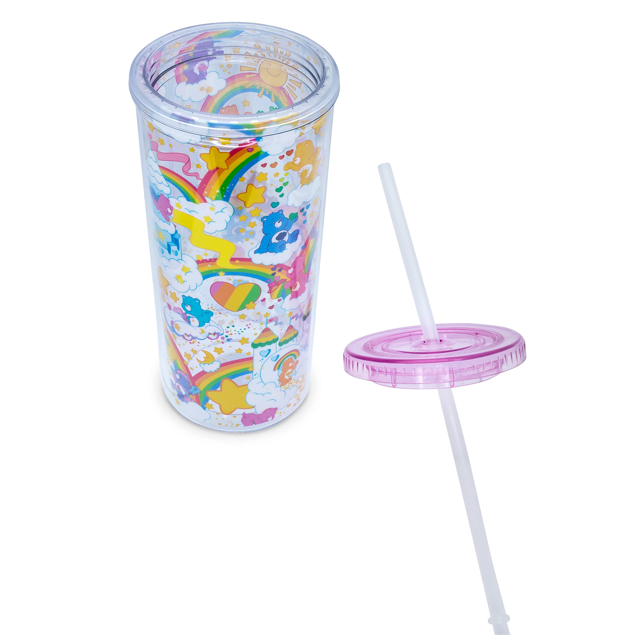 Silver Buffalo Care Bears Rainbow Stars Plastic Carnival Cup, Travel Tumbler With Lid and Reusable Straw | Holds 20 Ounces Yellow