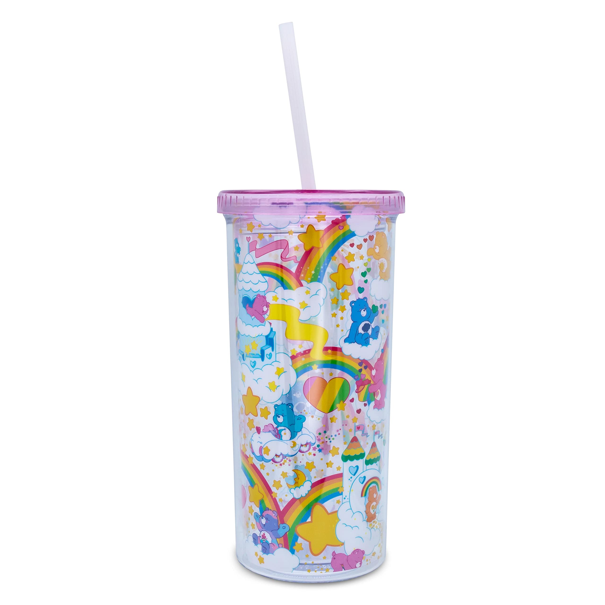 Silver Buffalo Care Bears Rainbow Stars Plastic Carnival Cup, Travel Tumbler With Lid and Reusable Straw | Holds 20 Ounces Yellow