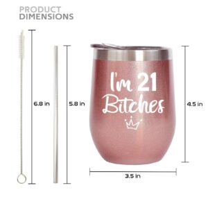 21st Birthday Gifts for Women 12oz Wine Tumbler with Lid | Funny 21 Year Old Birthday Gift for Her | Birthday Decoration Ideas | Finally 21 Shot Glass | Rose Gold Cup with Tiara Print