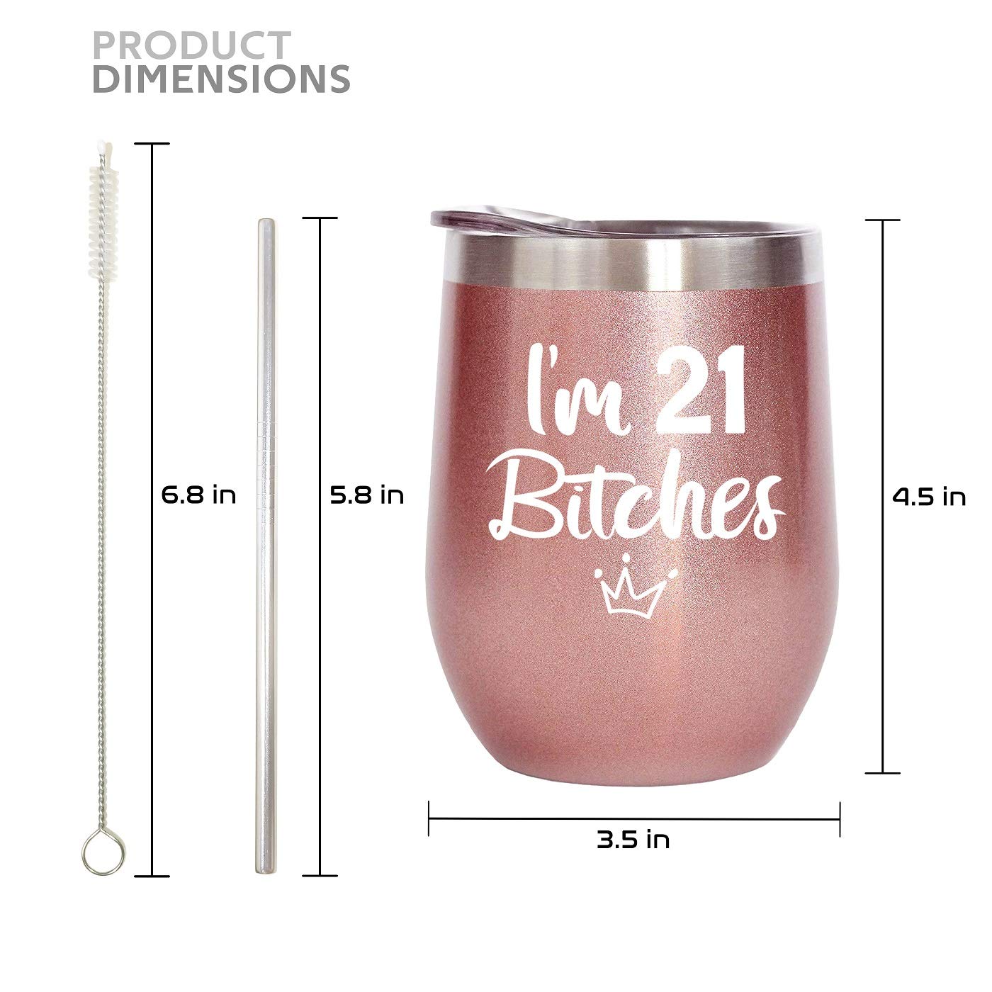 21st Birthday Gifts for Women 12oz Wine Tumbler with Lid | Funny 21 Year Old Birthday Gift for Her | Birthday Decoration Ideas | Finally 21 Shot Glass | Rose Gold Cup with Tiara Print