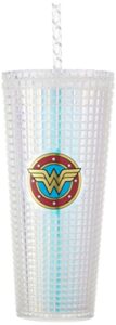 spoontiques - diamond tumbler - textured cup with straw - double wall insulated and bpa free - 20 oz - wonder woman