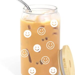 Smiley Face Glass Cups with Lids and Straws- Tumbler with Lid and Straw- 16 oz Iced Coffee Cup w/Bamboo Lid Stainless Streel Straw- Beer Can Shaped Drinking Glasses- Cute Cups- Gift for Women