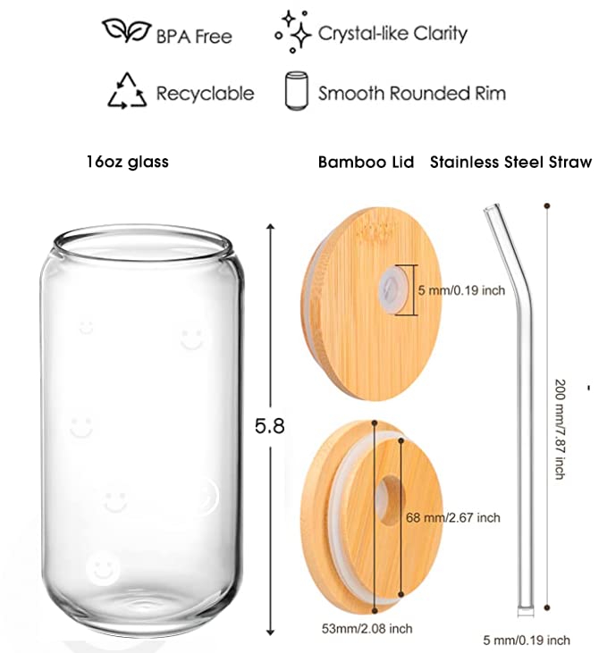 Smiley Face Glass Cups with Lids and Straws- Tumbler with Lid and Straw- 16 oz Iced Coffee Cup w/Bamboo Lid Stainless Streel Straw- Beer Can Shaped Drinking Glasses- Cute Cups- Gift for Women