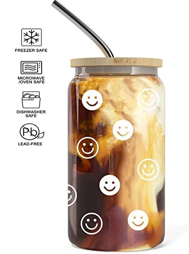 Smiley Face Glass Cups with Lids and Straws- Tumbler with Lid and Straw- 16 oz Iced Coffee Cup w/Bamboo Lid Stainless Streel Straw- Beer Can Shaped Drinking Glasses- Cute Cups- Gift for Women