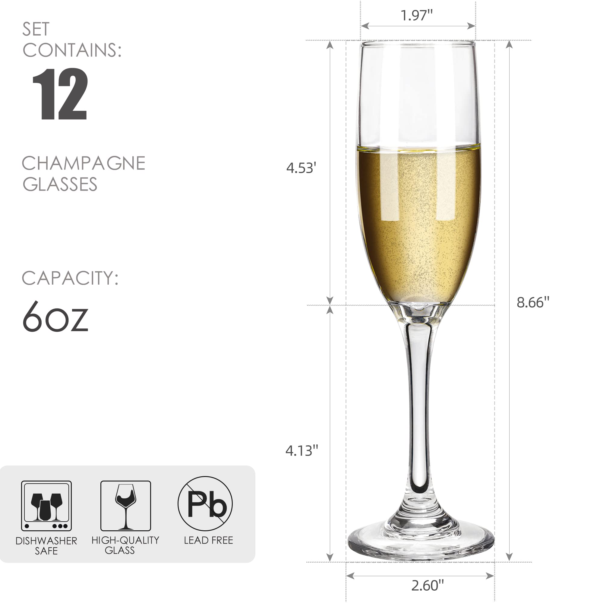 HAKEEMI Champagne Flutes Set of 12, 6 oz Classic Champagne Glasses Bulk, Elegant Toasting Flutes