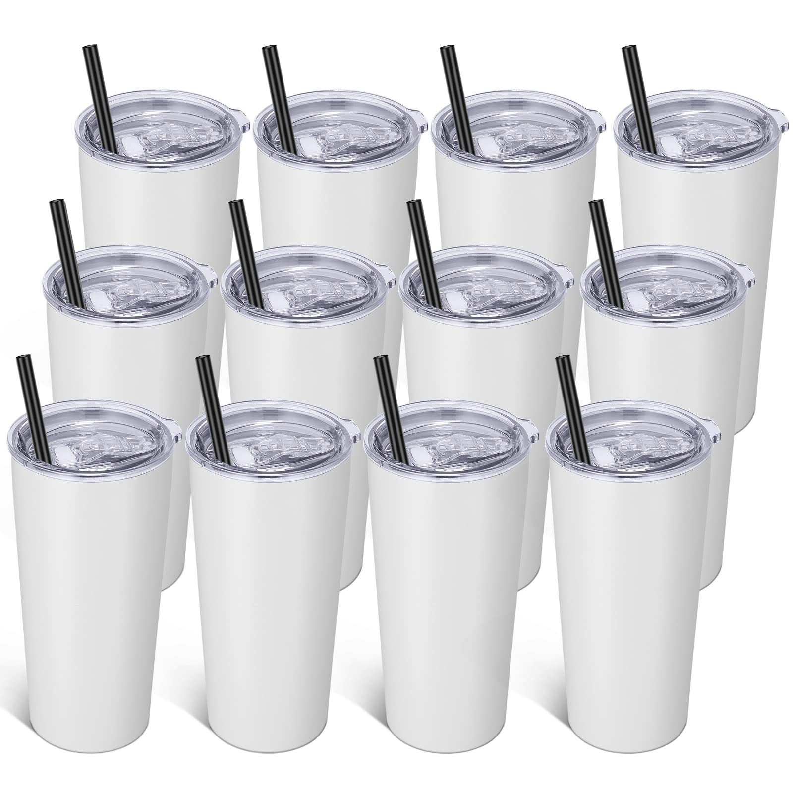 VEGOND 20oz Tumbler Bulk with Lid and Straw 12 Pack, Stainless Steel Vacuum Insulated Tumbler, Double Wall Coffee Cup Travel Mug, White