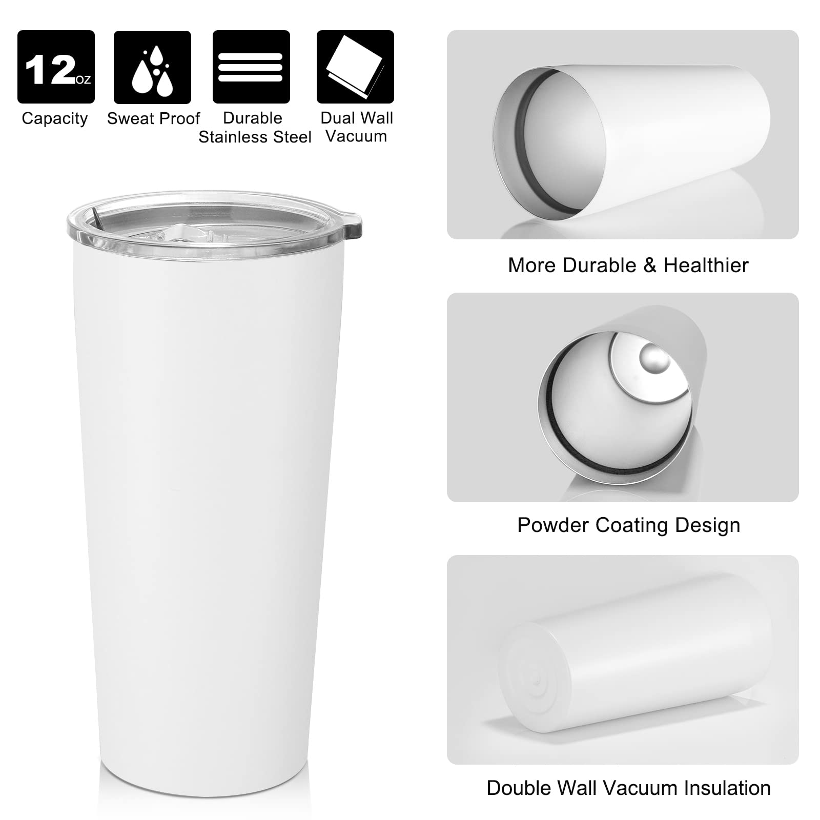 VEGOND 20oz Tumbler Bulk with Lid and Straw 12 Pack, Stainless Steel Vacuum Insulated Tumbler, Double Wall Coffee Cup Travel Mug, White