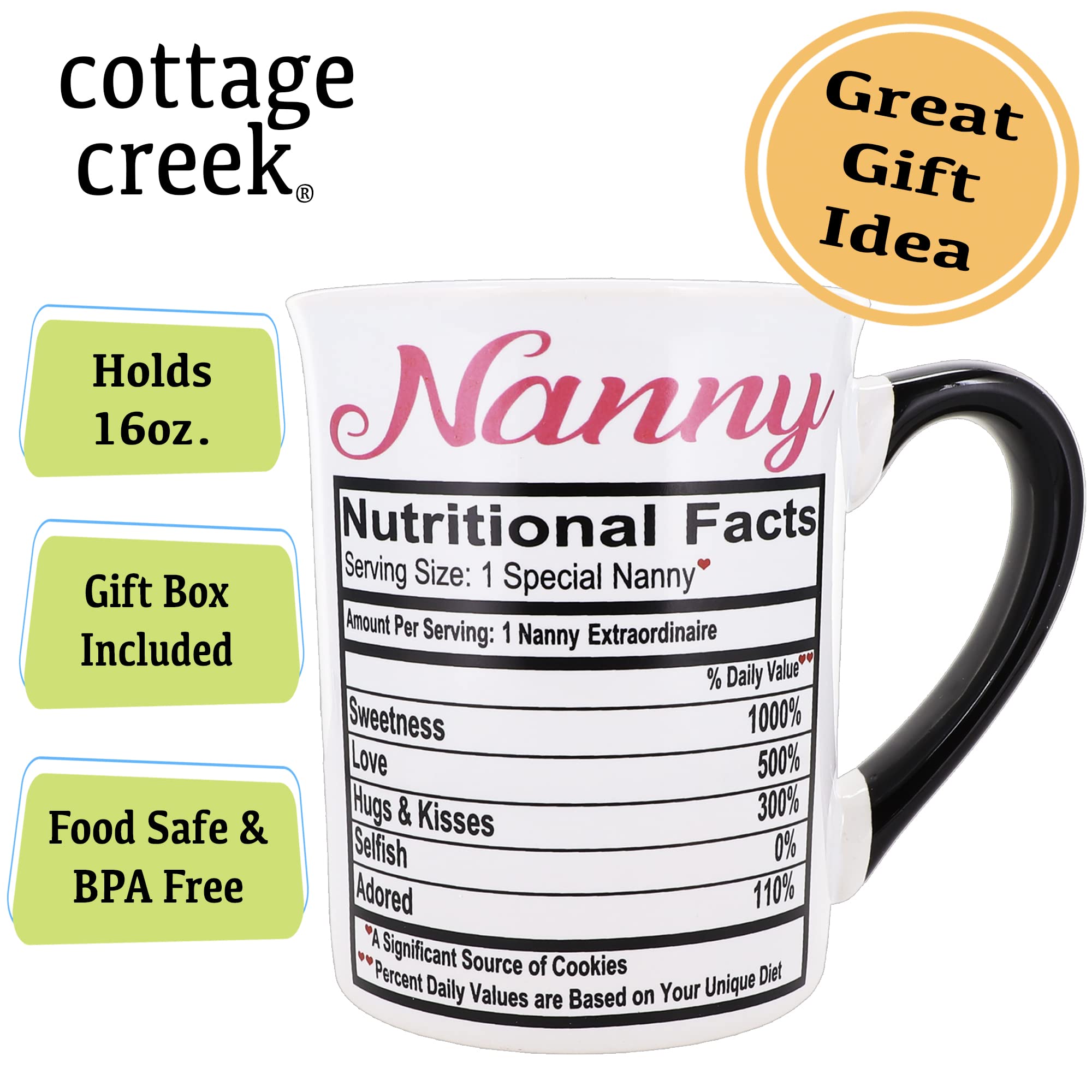 Cottage Creek Nanny Mug, 16oz. Ceramic Nanny Coffee Mug, Nanny Grandma Gifts