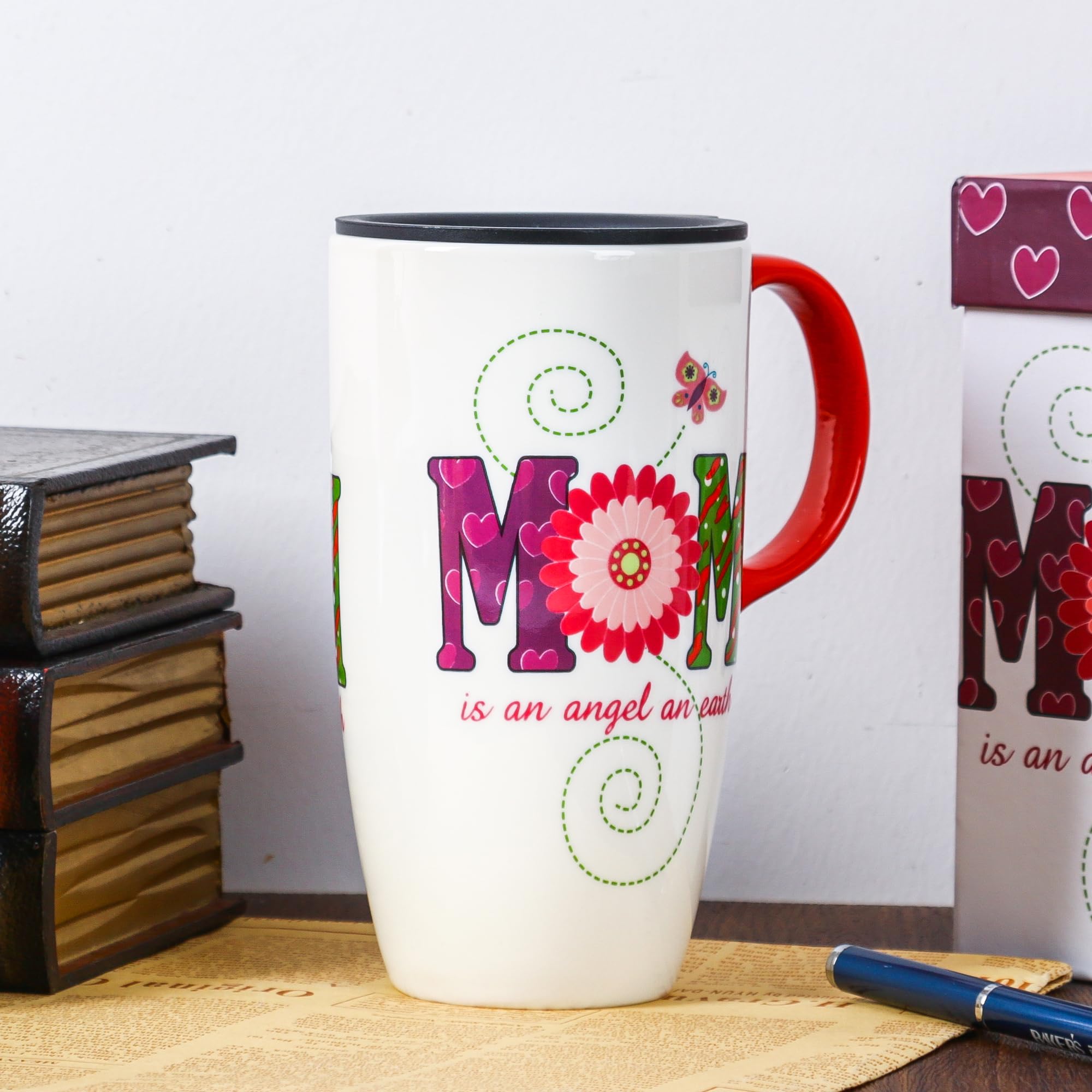 Bloom Valley Coffee Ceramic Mug Mother's Day Mug Porcelain Latte Tea Cup With Lid 17oz. MOM