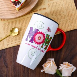 Bloom Valley Coffee Ceramic Mug Mother's Day Mug Porcelain Latte Tea Cup With Lid 17oz. MOM