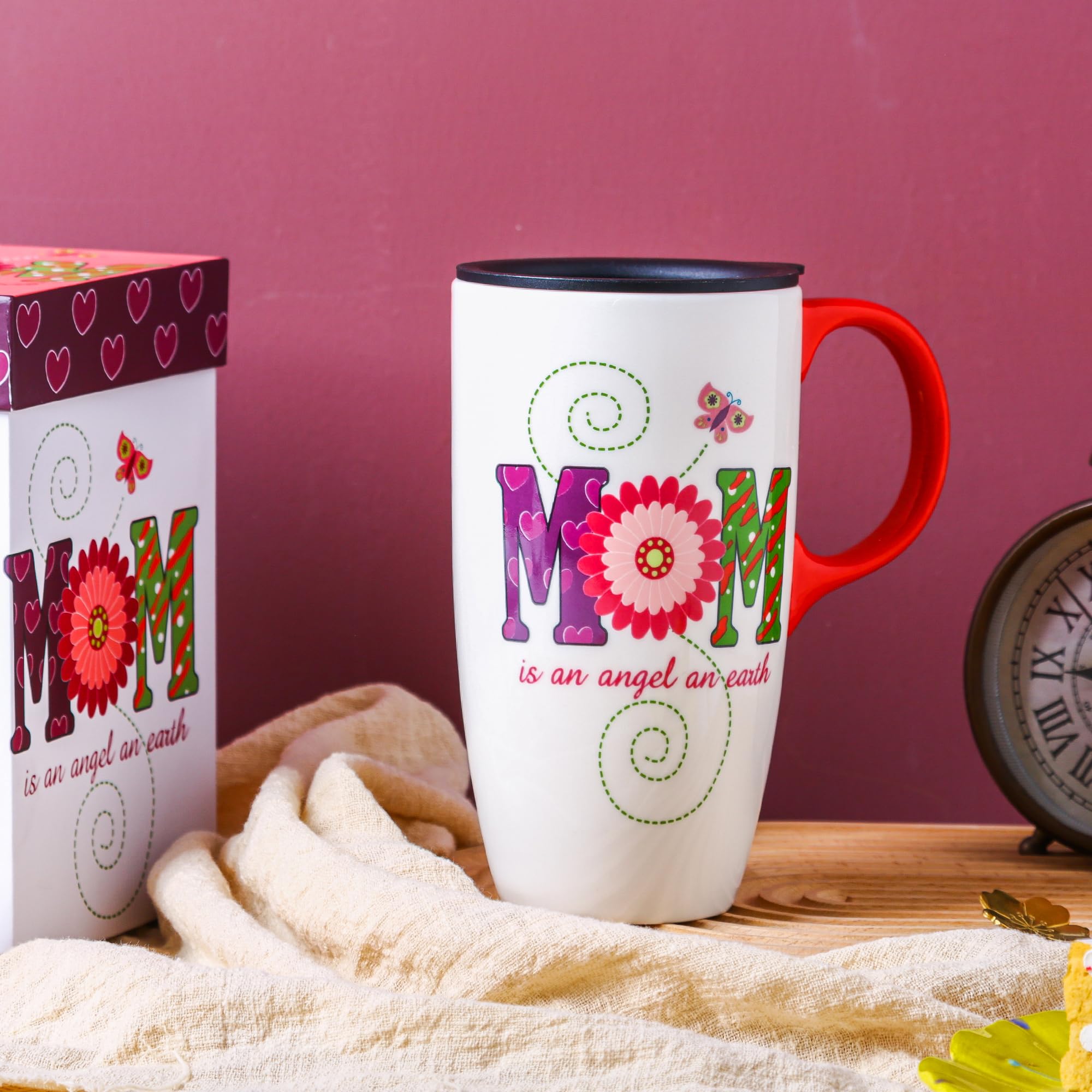 Bloom Valley Coffee Ceramic Mug Mother's Day Mug Porcelain Latte Tea Cup With Lid 17oz. MOM