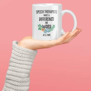 Speech Pathology Gifts. Therapists Make a Difference One Word at a Time. 11 Ounce SLP Coffee Mug. Gift idea for Language Therapy Teacher or Graduation Day. (White)