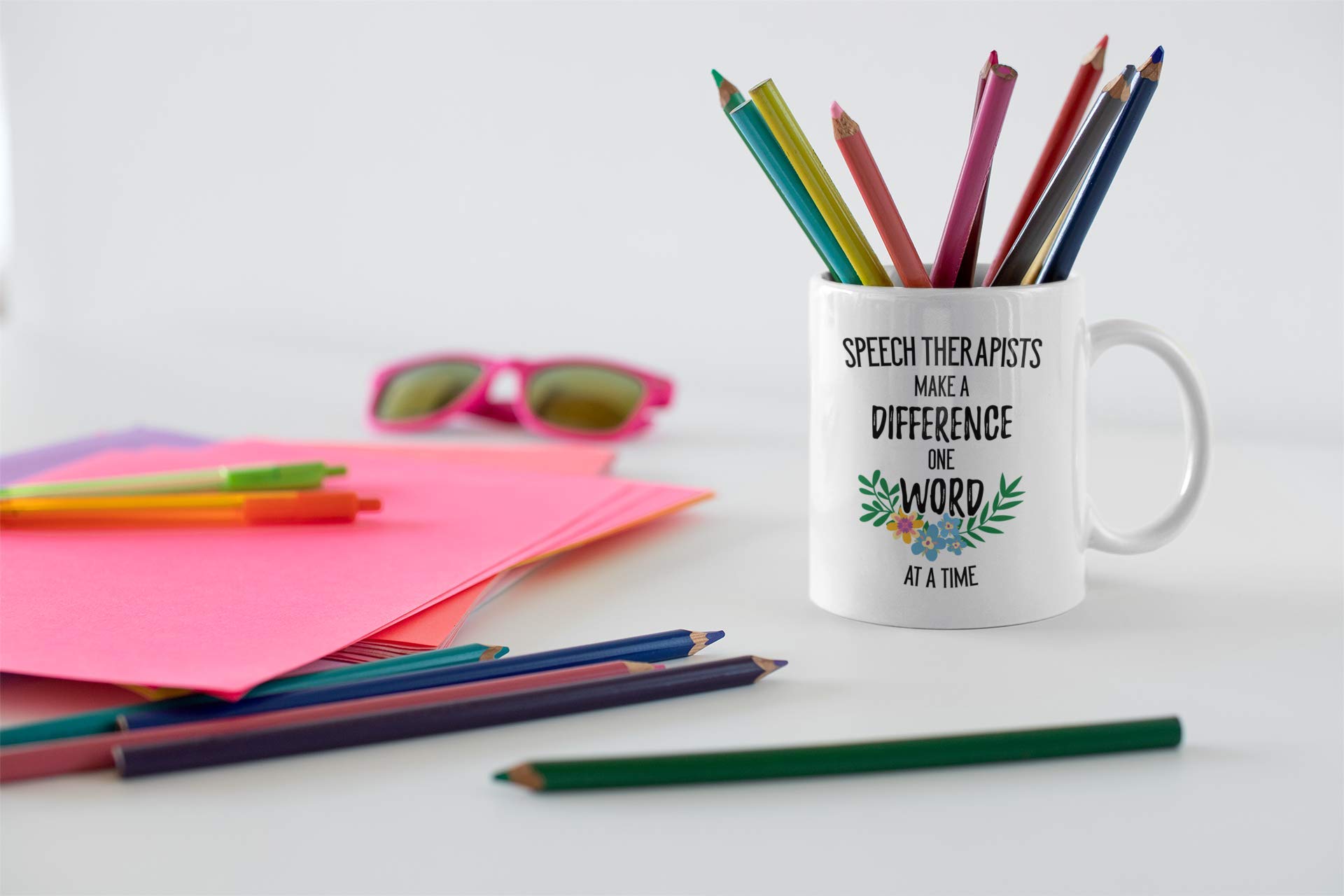 Speech Pathology Gifts. Therapists Make a Difference One Word at a Time. 11 Ounce SLP Coffee Mug. Gift idea for Language Therapy Teacher or Graduation Day. (White)